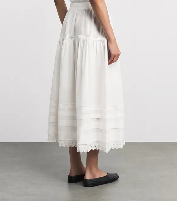 DÔEN Sebastiane Organic Cotton Midi Skirt With Lace Hem - White