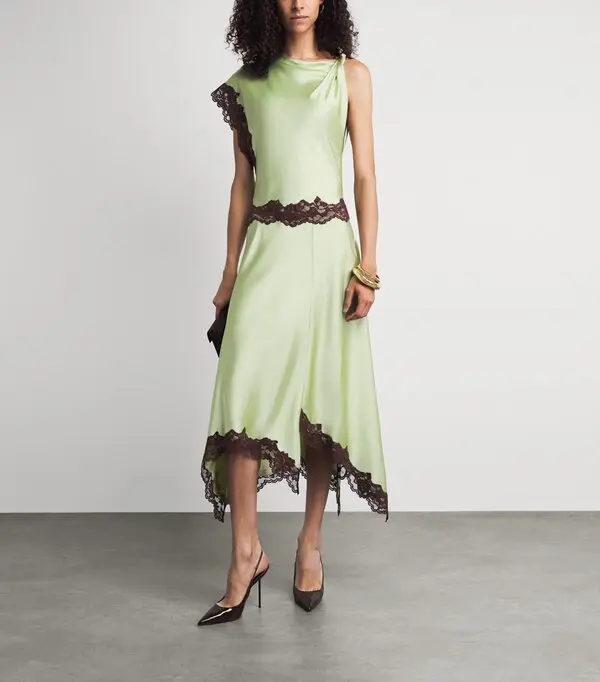 DE LA VALI Asymmetric Lace Trimmed Midi Dress - Green
