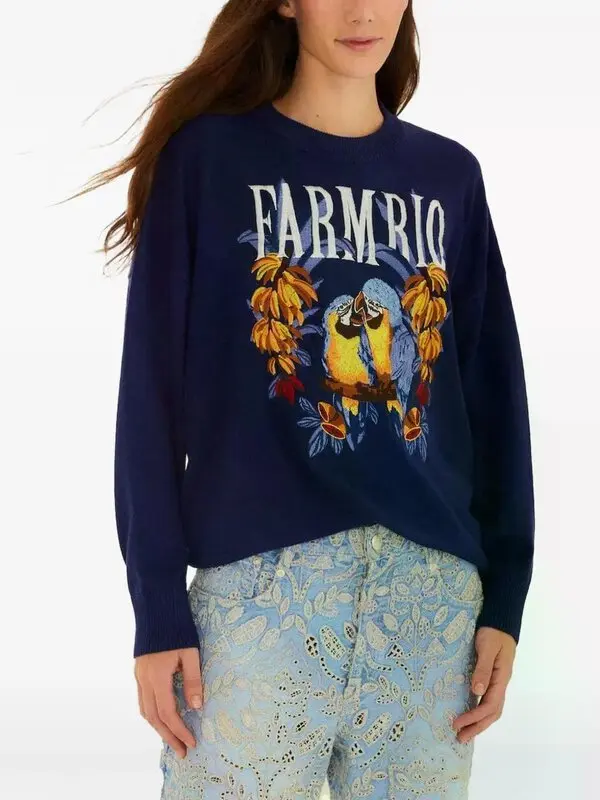 Farm Rio Love Birds Logo-embroidered Intarsia-knit Sweater - Blue