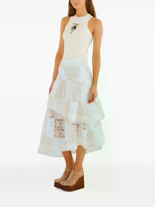 Farm Rio Patchwork-lace Tiered Midi Skirt - White