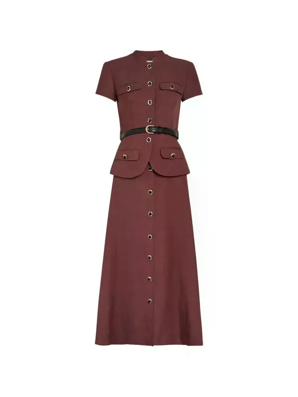 SELF-PORTRAIT Belted Peplum-waist Midi Dress - Brown