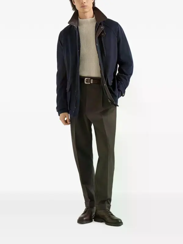 Brunello Cucinelli Virgin Wool Cloth Field Jacket With Nappa Leather Inserts - Blue