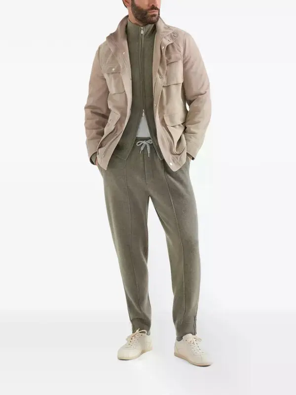 Brunello Cucinelli Cashmere Double Knit Trousers With Crête Detail And Elasticated Zipper Cuffs - Green