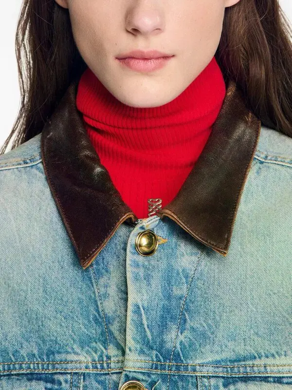 Sandro Leather-collar Button-up Denim Jacket