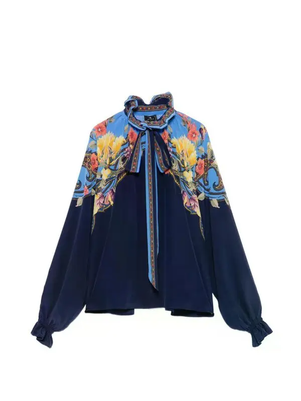 Etro Floral-print Ruffled-collar Blouse - Blue