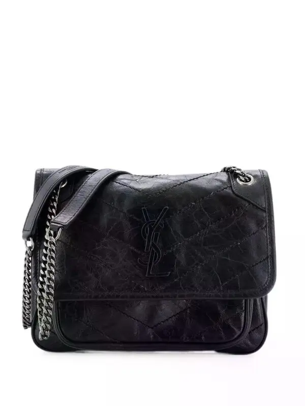 Saint Laurent Niki Chain Flap Bag Matelasse Chevron Leather Baby Shoulder Bag - Black