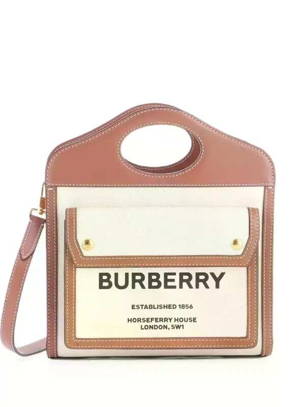 Burberry Logo Pocket Tote Canvas With Leather Mini Crossbody Bag - Brown