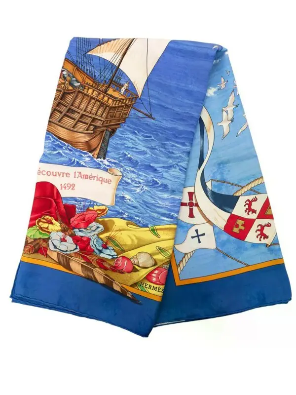 Hermès 1990-2010 Christophe Colomb Decouvre L Amerique Silk Scarf 90 Scarves - Blue