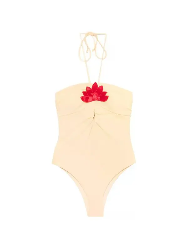 Farm Rio Floral-applique Halterneck Swimsuit - Neutrals