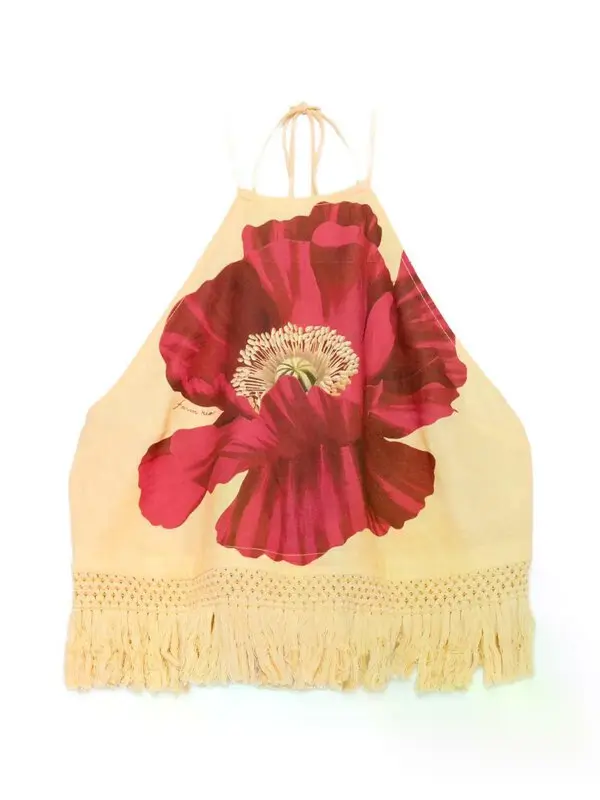 Farm Rio Poppy-print Fringe-trim Top - Yellow