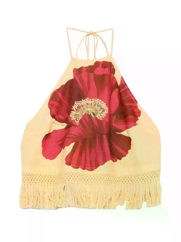 Farm Rio Poppy-print Fringe-trim Top - Yellow