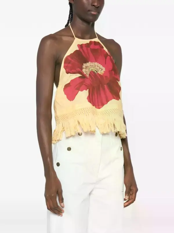 Farm Rio Poppy Print Fringe Trim Halterneck Top