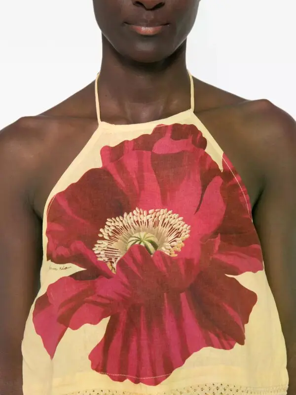 Farm Rio Poppy Print Fringe Trim Halterneck Top