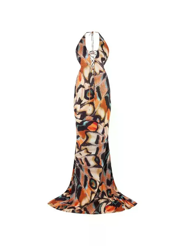 Roberto Cavalli Butterfly-print Lace-up Maxi Dress - Black