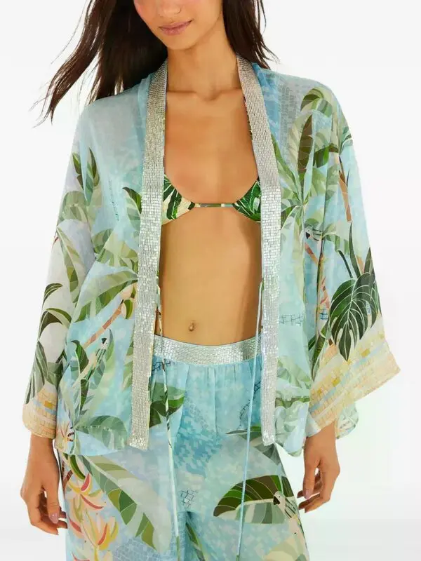 Farm Rio Beaded-trim Tropical-print Kimono - Blue