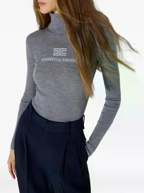 Elisabetta Franchi Ribbed Knit Turtleneck Top With Logo Inlay - Grey