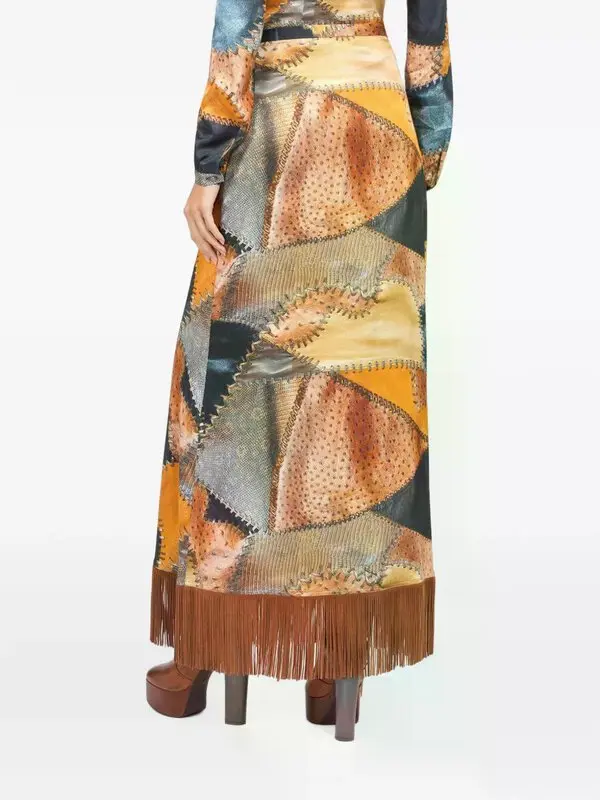 Roberto Cavalli Patchwork-print Fringe-trimmed Maxi Skirt
