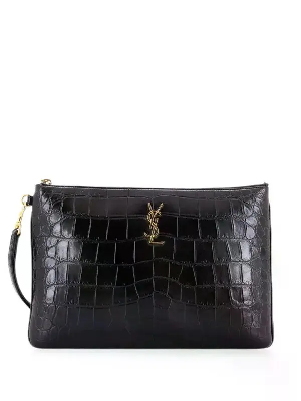 Saint Laurent Classic Monogram Tablet Wristlet Pouch Crocodile Embossed Leather Clutch Bag