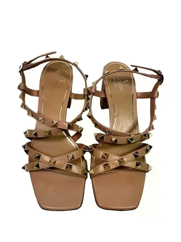 Valentino Garavani Rockstud Ankle-strap Block Heel Sandals - Brown
