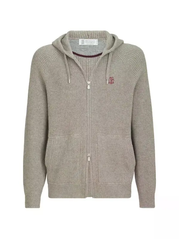 Brunello Cucinelli Cashmere English Rib Hooded Knit Sweatshirt With Logo And Zipper - Grey