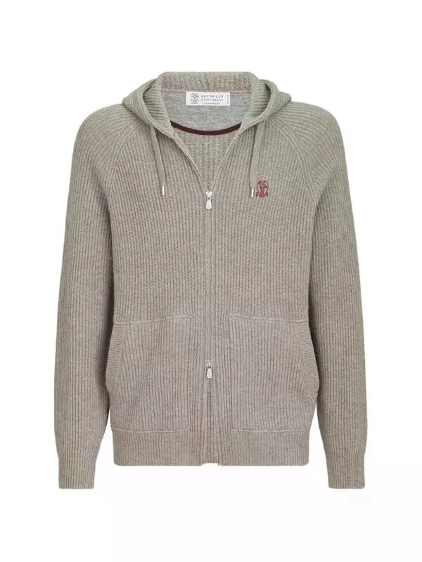 Brunello Cucinelli Cashmere English Rib Hooded Knit Sweatshirt With Logo And Zipper - Grey