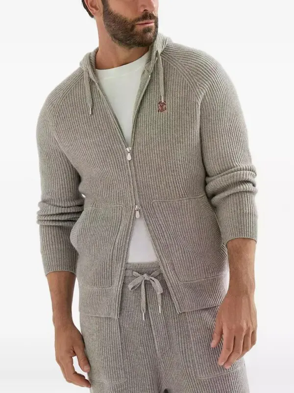 Brunello Cucinelli Cashmere English Rib Hooded Knit Sweatshirt With Logo And Zipper - Grey