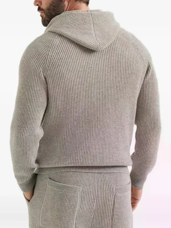 Brunello Cucinelli Cashmere English Rib Hooded Knit Sweatshirt With Logo And Zipper - Grey