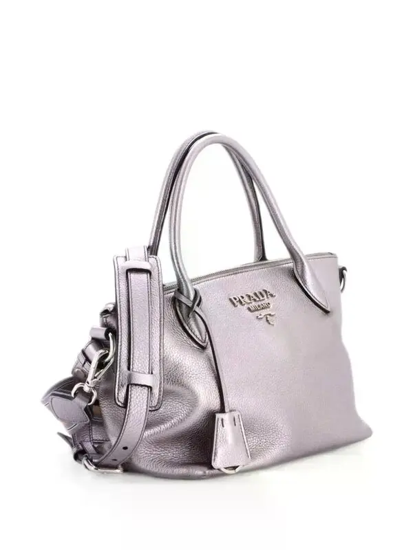 Prada Dual Strap Zip Tote Vitello Daino Small Shoulder Bag - Silver