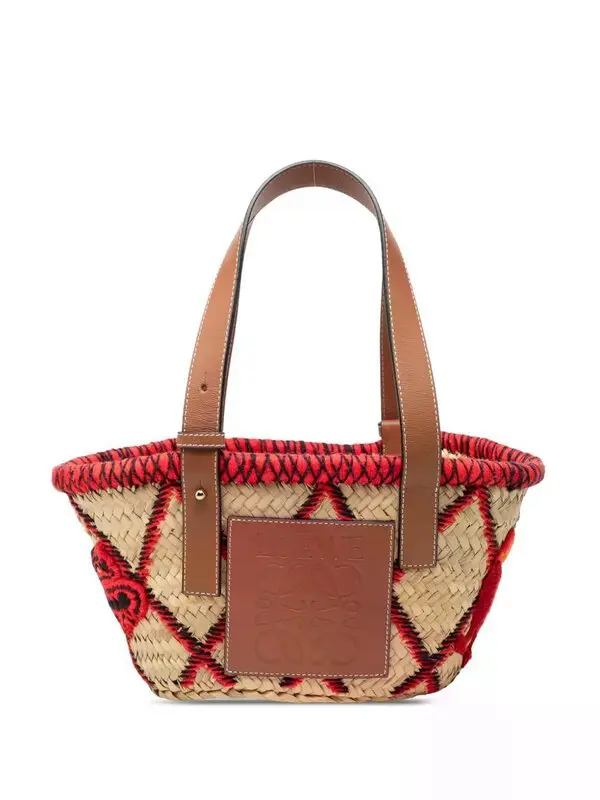 Loewe 2019 Small Raffia Animal Embroidered Anagram Basket Tote Bag - Neutrals