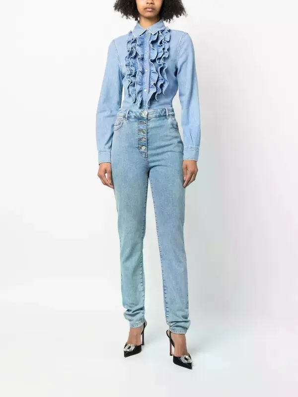 Moschino Ruffled Washed-denim Shirt - Blue