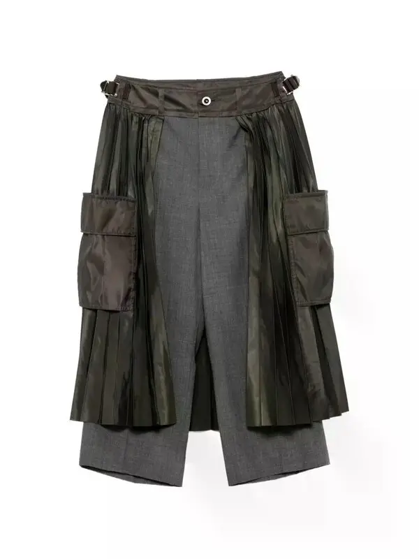 Sacai Pleated-overlay Cropped Trousers - Grey