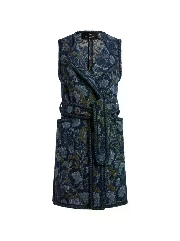 Etro Long Waistcoat In Cotton-blend Bouclé Jacquard With Floral Motif - Blue