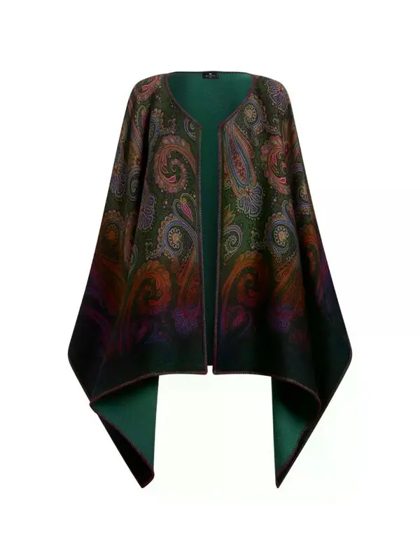 Etro Reversible Wool Cape With Degradé Paisley Motif - Green
