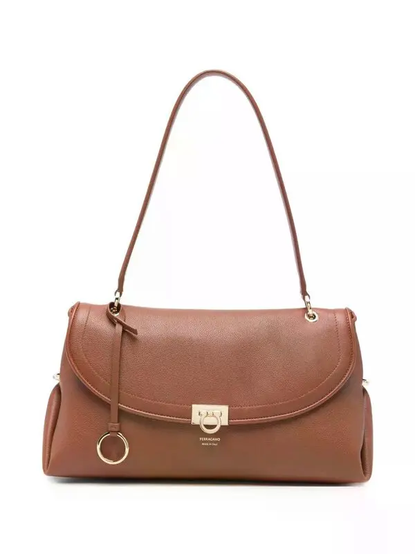 FERRAGAMO Gancini Pebbled Leather Tote Bag - Brown