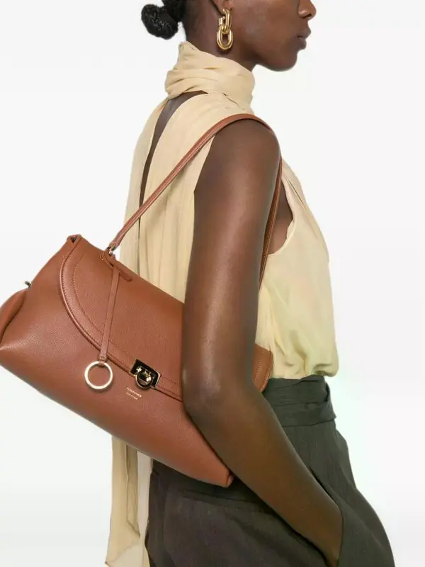 FERRAGAMO Gancini Pebbled Leather Tote Bag - Brown