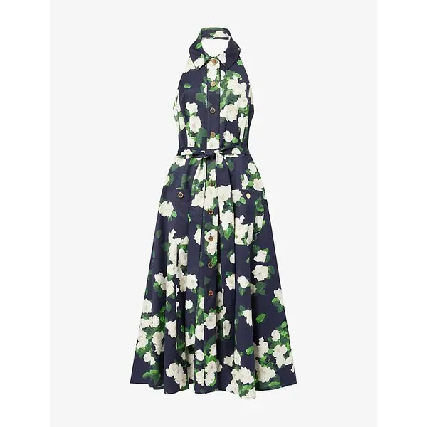 Carolina Herrera Floral-print Halter-neck Cotton-blend Midi Dress - Midnight Multi