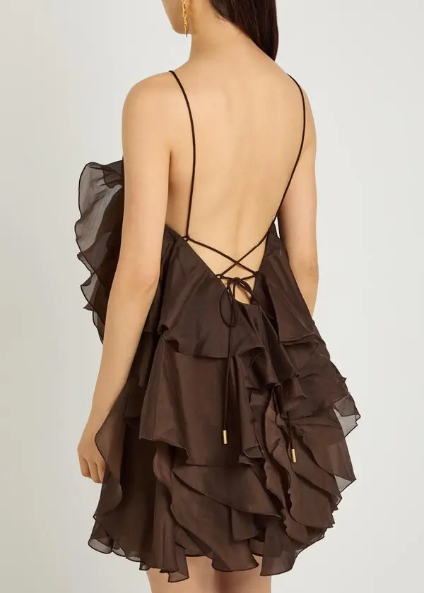 Aje Pandorea Ruffled Chiffon Mini Dress - Dark Brown