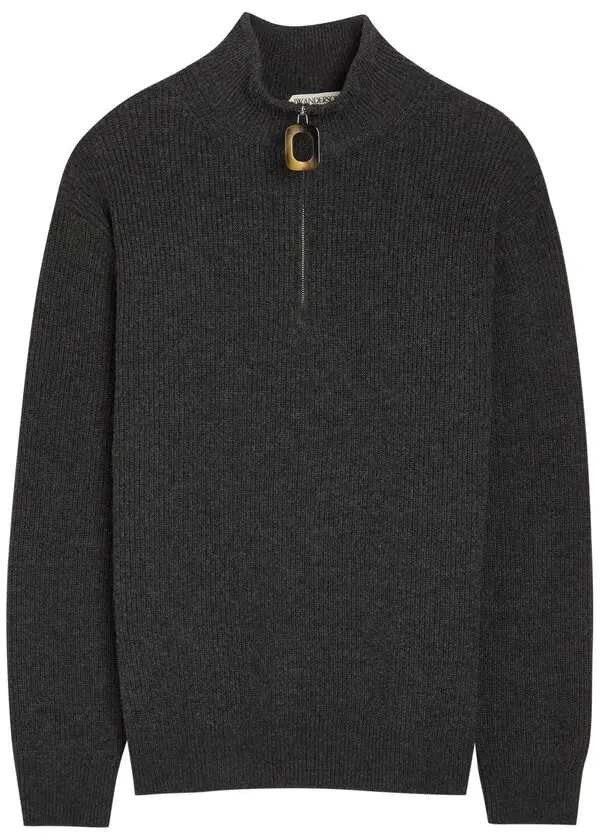 JW Anderson Ribbed Half-zip Wool And Cotton-blend Jumper - Grey