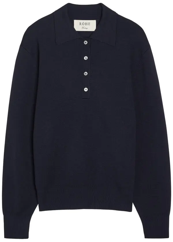 RÓHE Merino Wool Polo Jumper - Navy