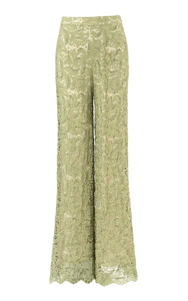 LA FUORI Sage Seduction Embroidered Wide-leg Pants - Green