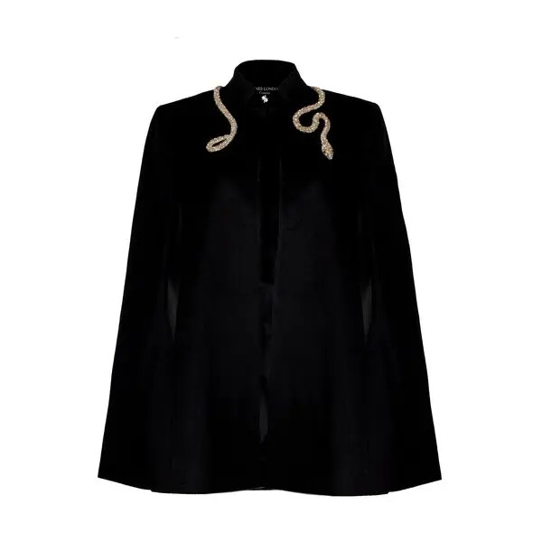 HOUSE OF LAINES LONDON Laines Couture Wool Blend Cape With Embellished Wrap Pearl & Crystal Snake - Black
