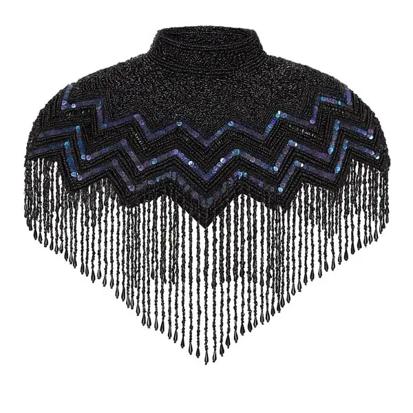 RICHA SHARMA Hand-beaded Sequin And Pearl Fringe Cape Shawl - Black