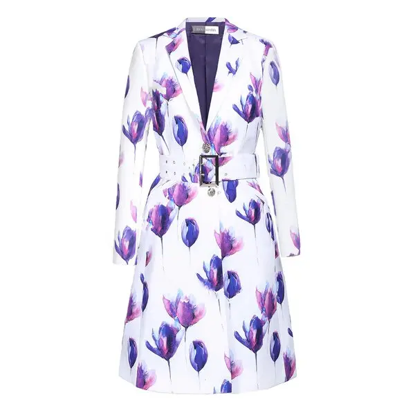 RICHA SHARMA Duchess Satin Coat With Purple Tulips Print
