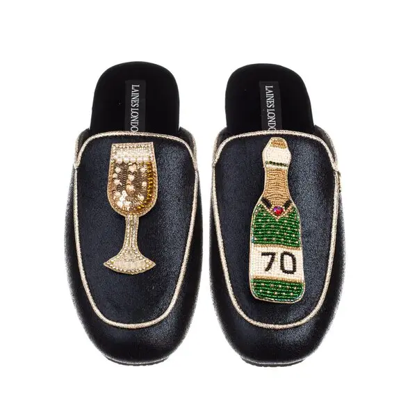 LAINES LONDON Black / Gold Classic Mules With Milestone 70th Birthday Champagne Brooches Black & Gold - Black/gold