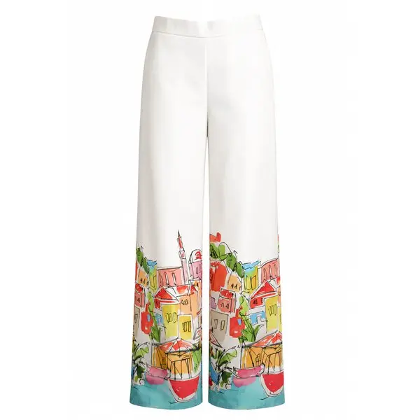 RICHA SHARMA Handcrafted Linen Cotton Wide Leg Trousers With Coastal Cityscape Print