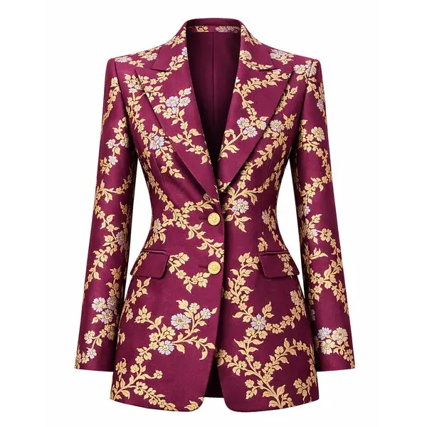 RICHA SHARMA Luxury Handcrafted Plum Hued Brocade Blazer With Gold Floral Motifs - Gold/brown/silver