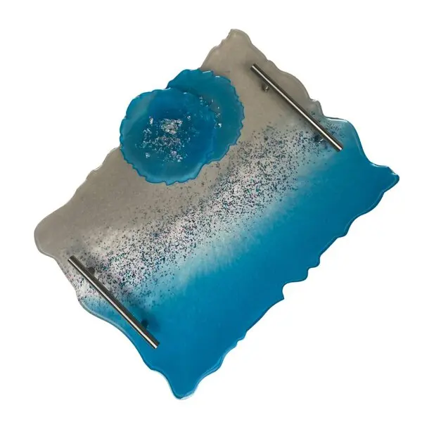 BY SHAX Blue / Silver Large Festive Glitter Tray With Matching Coasters - Blue/silver