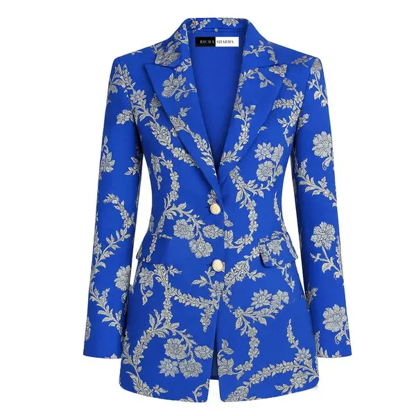 RICHA SHARMA Blue / Silver Luxury Royal Blue Brocade Blazer With Silver Embroidery - Blue/silver