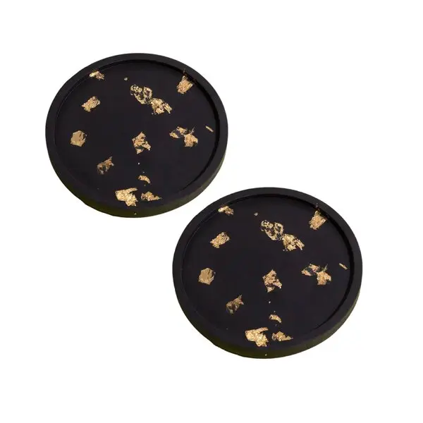 BY SHAX Round Panther Gold Flake Coaster Tray Pair - Black