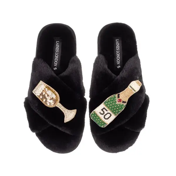 LAINES LONDON Classic Laines Slippers With Champagne & Glass 50th Birthday Brooches - Black